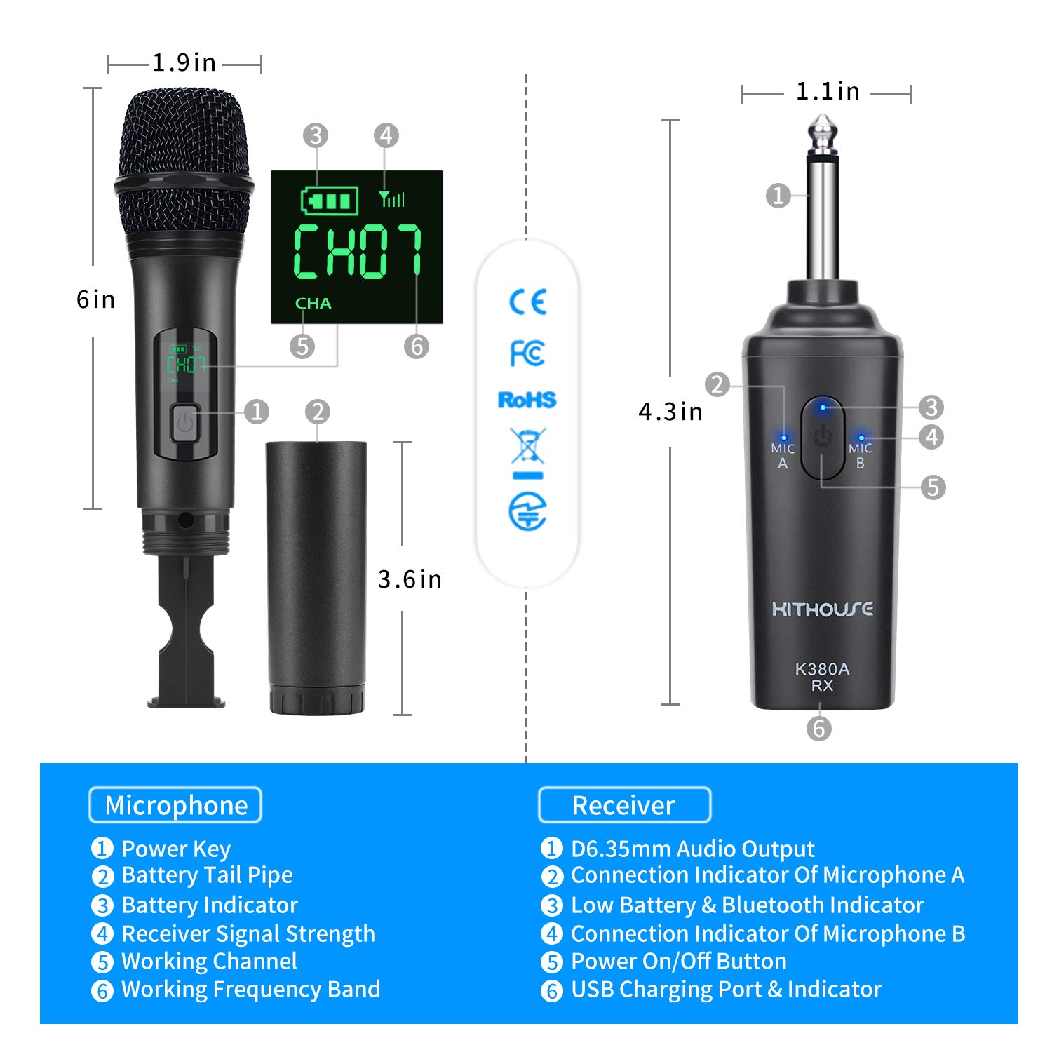 Kithouse K380A Wireless Microphone Karaoke Microphone Wireless Mic Dual with Rechargeable Bluetooth Receiver System Set - UHF Handheld Cordless Microphone for Singing Speech Church(Elegant Black)