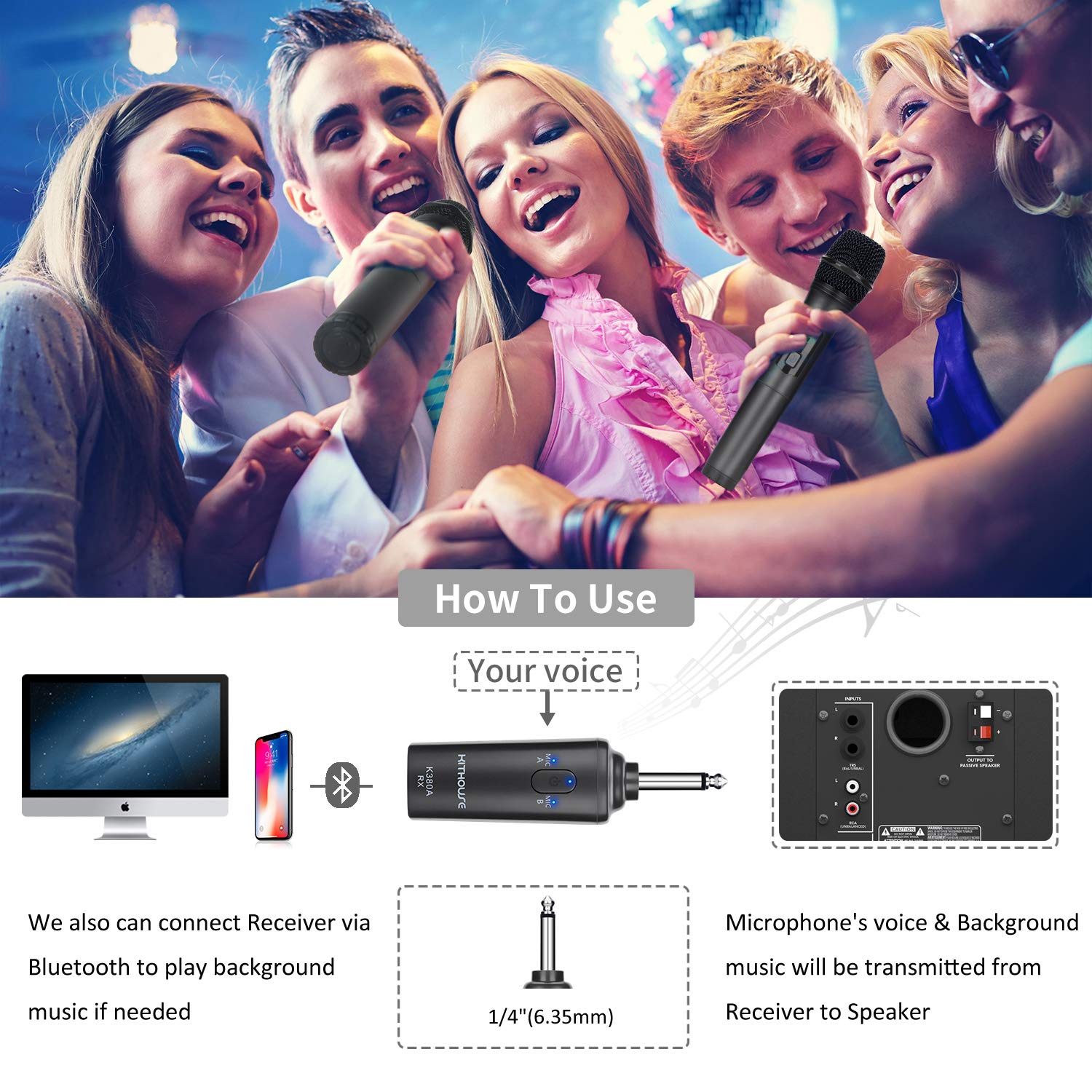 Kithouse K380A Wireless Microphone Karaoke Microphone Wireless Mic Dual with Rechargeable Bluetooth Receiver System Set - UHF Handheld Cordless Microphone for Singing Speech Church(Elegant Black)