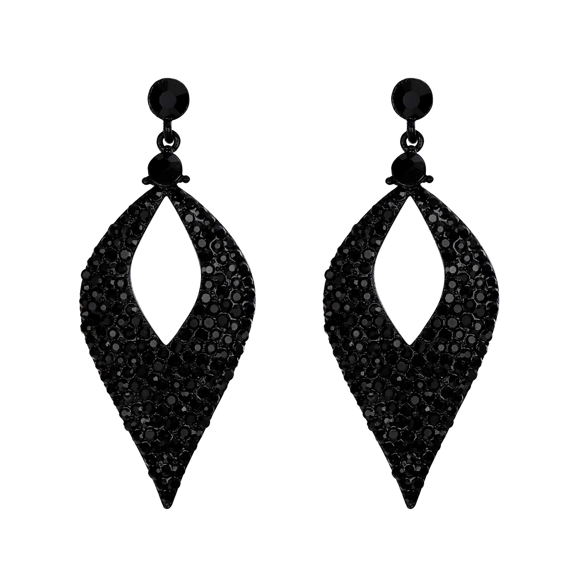 BriLove Wedding Earrings for Women Crystal Hollow Leaf Chandelier Earrings Black Black-Tone