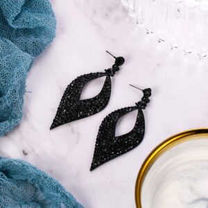 BriLove Wedding Earrings for Women Crystal Hollow Leaf Chandelier Earrings Black Black-Tone