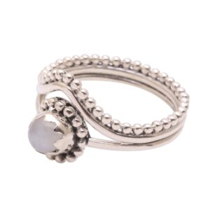 novica artisan handmade rainbow moonstone cocktail ring dot motif from bali sterling silver single indonesia [ring front 0.6 in h x 0.4 in w x 0.2 in d band width 5 mm w] ' enshrined'