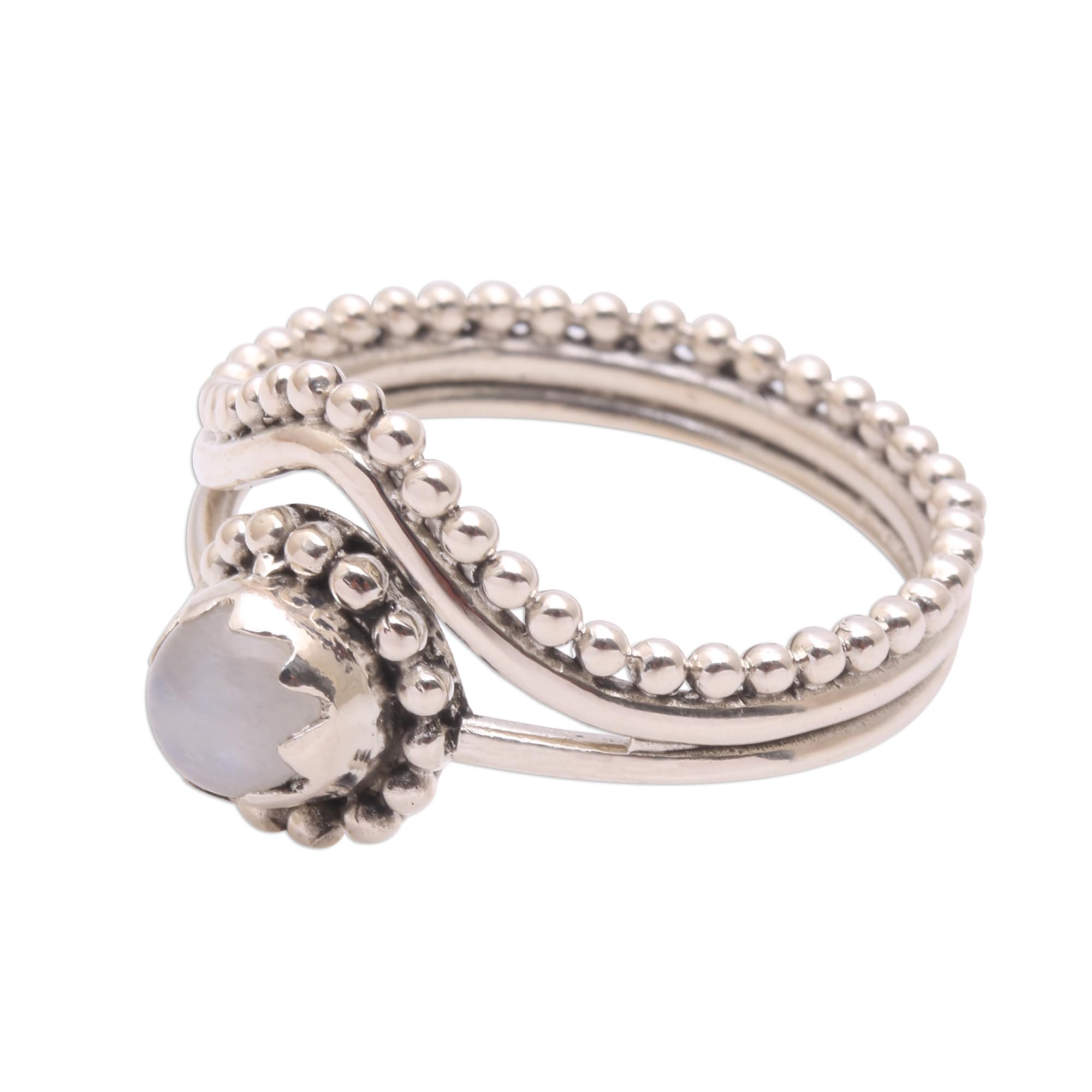 NOVICA Artisan Handmade Rainbow Moonstone Cocktail Ring Dot Motif from Bali Sterling Silver Single Indonesia [ring Front 0.6 in H x 0.4 in W x 0.2 in D Band Width 5 mm W] ' Enshrined'