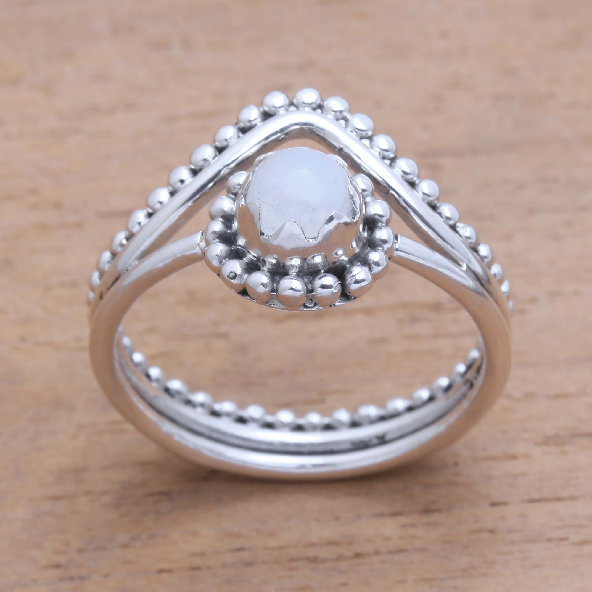 NOVICA Artisan Handmade Rainbow Moonstone Cocktail Ring Dot Motif from Bali Sterling Silver Single Indonesia [ring Front 0.6 in H x 0.4 in W x 0.2 in D Band Width 5 mm W] ' Enshrined'