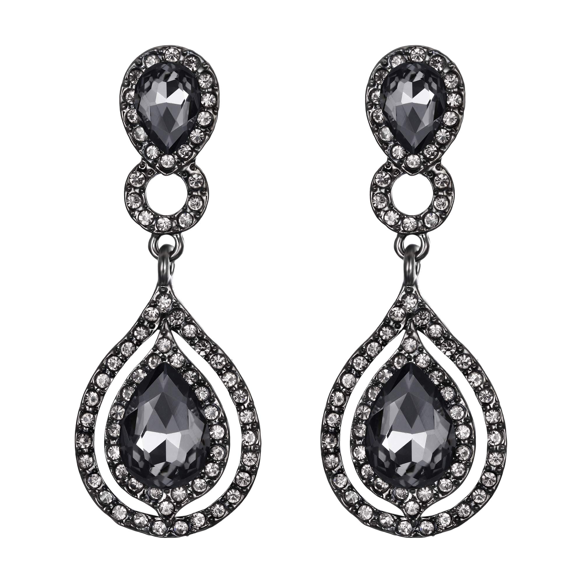 BriLove Wedding Bridal Dangle Earrings for Women Crystal Teardrop Infinity Chandelier Earrings Grey Black-Silver-Tone