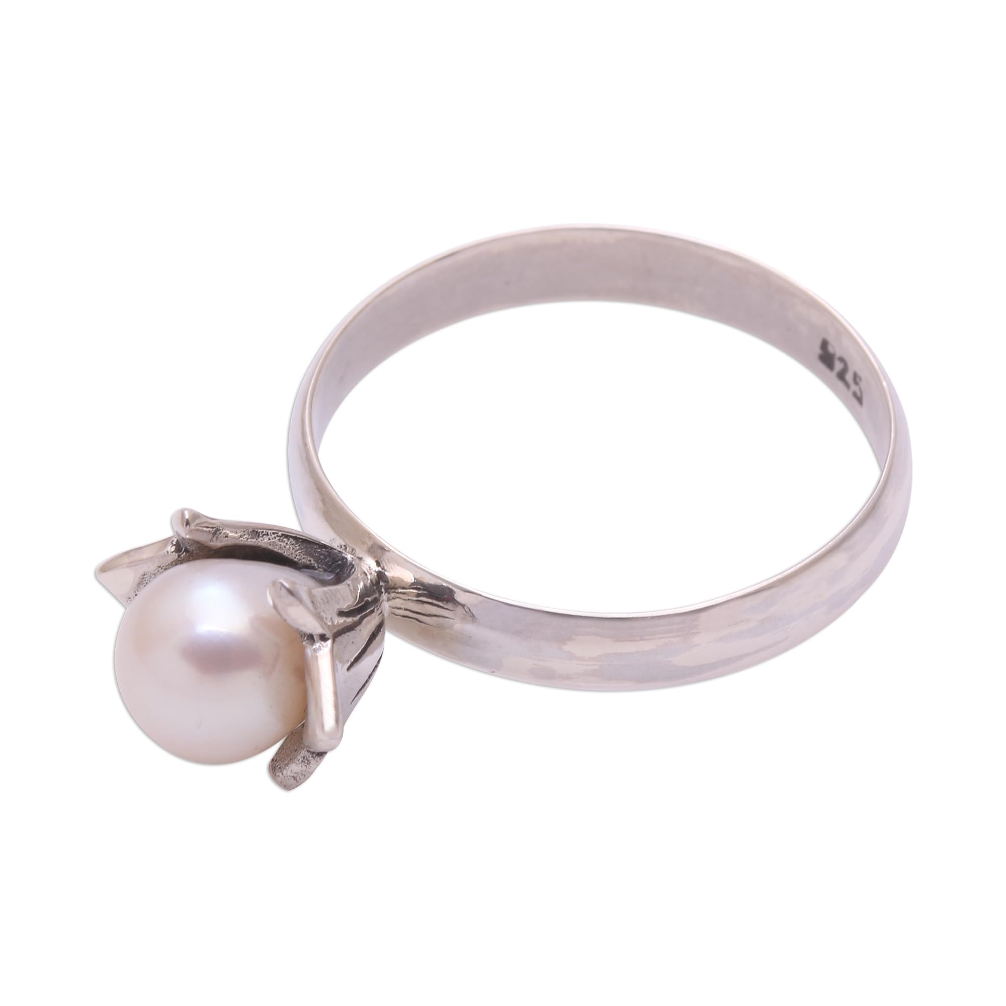 NOVICA Artisan Handmade Cultured Pearl Solitaire Ring Floral Cocktail from Bali Sterling Silver Freshwater Indonesia Birthstone [crownbezel 0.4 in H x 0.4 in W x 0.3 in D Band Width 3 mm W] '