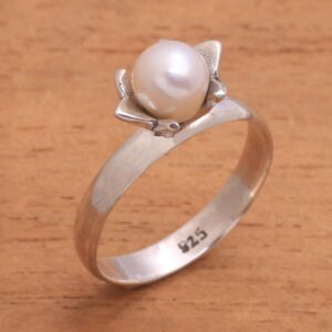 NOVICA Artisan Handmade Cultured Pearl Solitaire Ring Floral Cocktail from Bali Sterling Silver Freshwater Indonesia Birthstone [crownbezel 0.4 in H x 0.4 in W x 0.3 in D Band Width 3 mm W] '