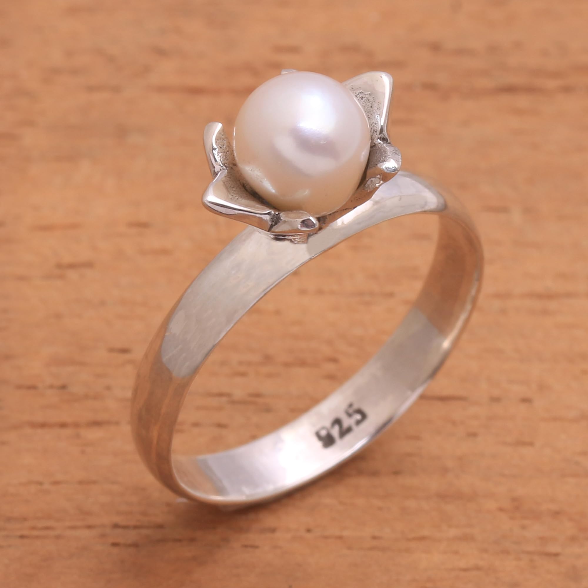 NOVICA Artisan Handmade Cultured Pearl Solitaire Ring Floral Cocktail from Bali Sterling Silver Freshwater Indonesia Birthstone [crownbezel 0.4 in H x 0.4 in W x 0.3 in D Band Width 3 mm W] '