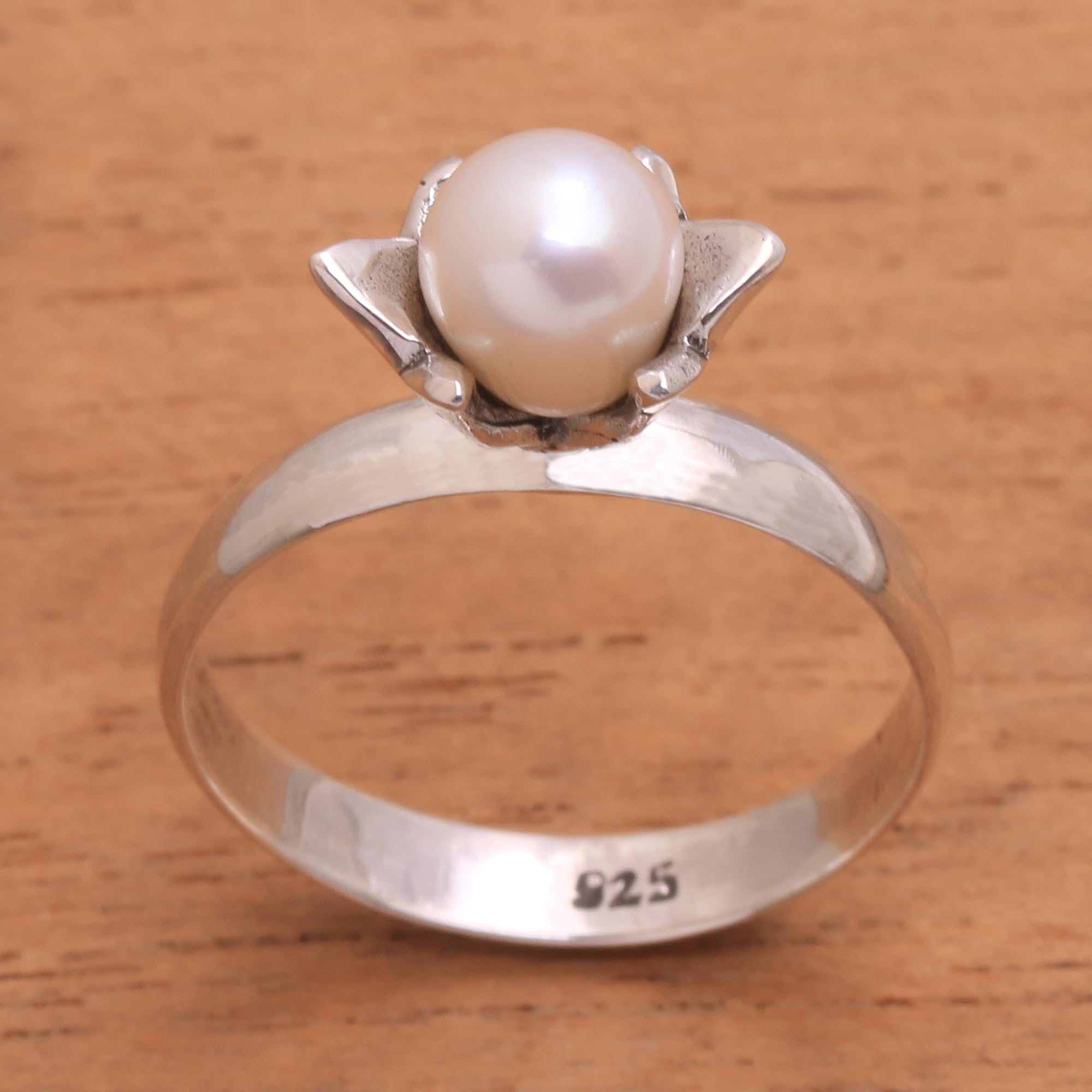 NOVICA Artisan Handmade Cultured Pearl Solitaire Ring Floral Cocktail from Bali Sterling Silver Freshwater Indonesia Birthstone [crownbezel 0.4 in H x 0.4 in W x 0.3 in D Band Width 3 mm W] '