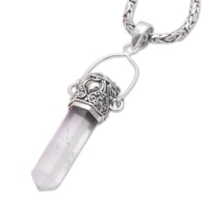 novica artisan handmade quartz pendant necklace balinese sterling silver crystal indonesia gemstone floral birthstone [19.75 in l 3 mm w pendant(s) 2.4 in h x 0.6 in w x 0.4 in d] ' crystal amulet'