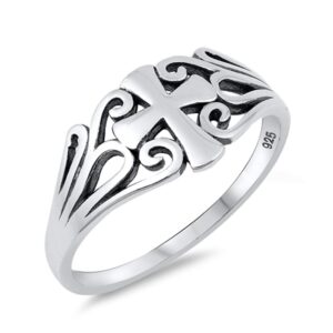 oxidized filigree cross swirl christian ring 925 sterling silver band size 8