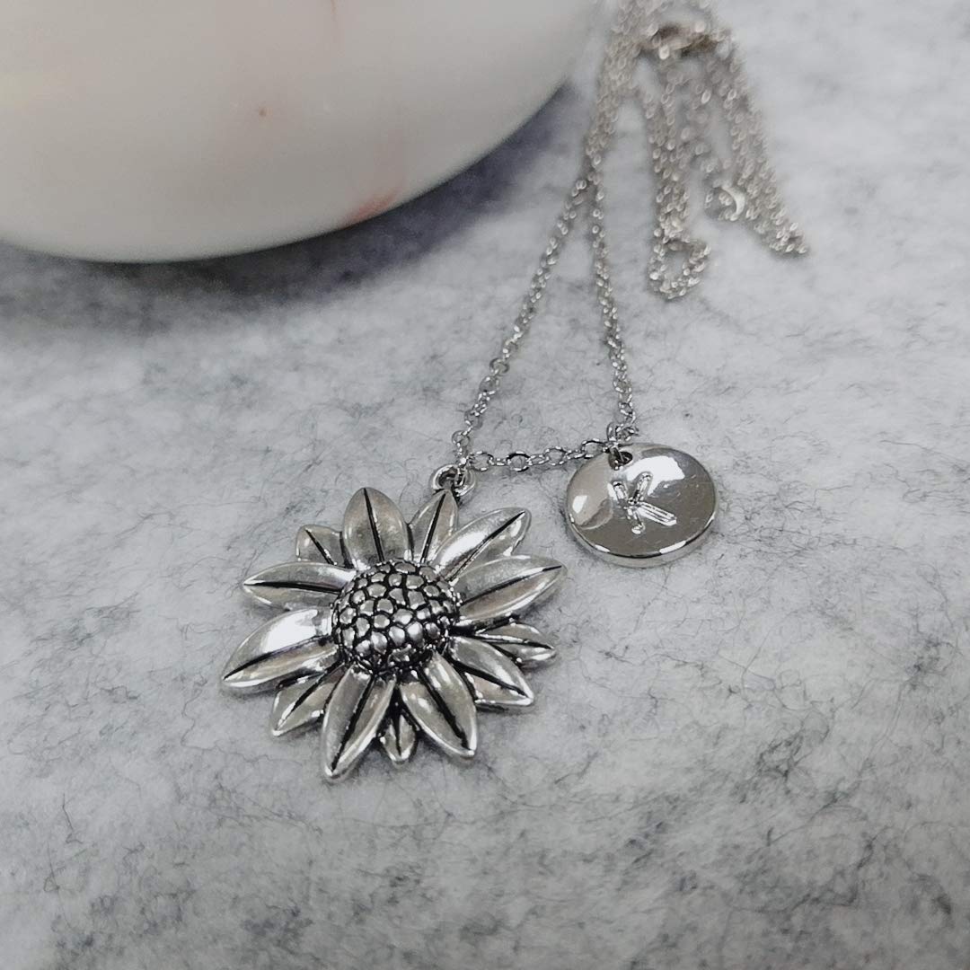 NOUMANDA Antique Silver Sunflower with Initial 26 Letter Necklace Custom A-Z Alphabet Cute Chic Pendant (B)