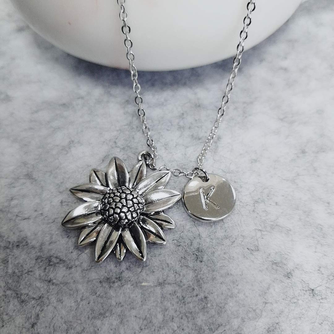 NOUMANDA Antique Silver Sunflower with Initial 26 Letter Necklace Custom A-Z Alphabet Cute Chic Pendant (B)