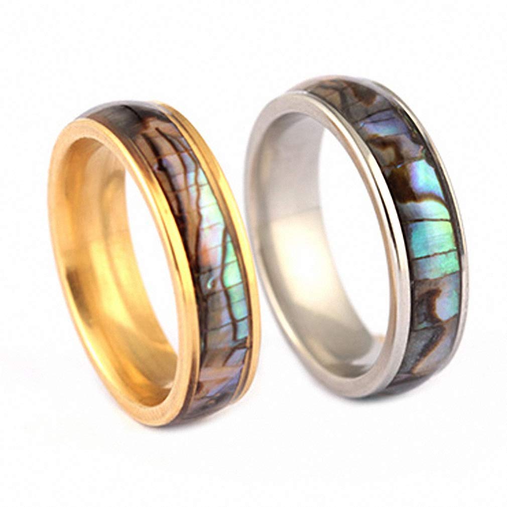 Titanium Colorful Natural Abalone Shell Inlay Stainless Steel Ring for Women Men Mother of Pearl Sea Rippled Wedding Promise Couples Engagement Bands Party Confession Friendship Casual Match