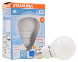 sylvania a19 led light bulb, 9w, 60w equivalent, 13 year, dimmable, 800 lumens, 3500k, bright white - 1 pack (71185)