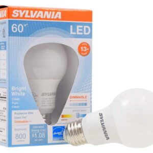 SYLVANIA A19 LED Light Bulb, 9W, 60W Equivalent, 13 Year, Dimmable, 800 Lumens, 3500K, Bright White - 1 Pack (71185)