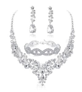 fiasaso 3pcs crystal bridal jewelry set for women rhinestone necklace earrings bracelet wedding bridesmaid silver tone