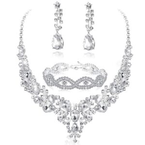 Fiasaso 3pcs Crystal Bridal Jewelry Set for Women Rhinestone Necklace Earrings Bracelet Wedding Bridesmaid Silver Tone