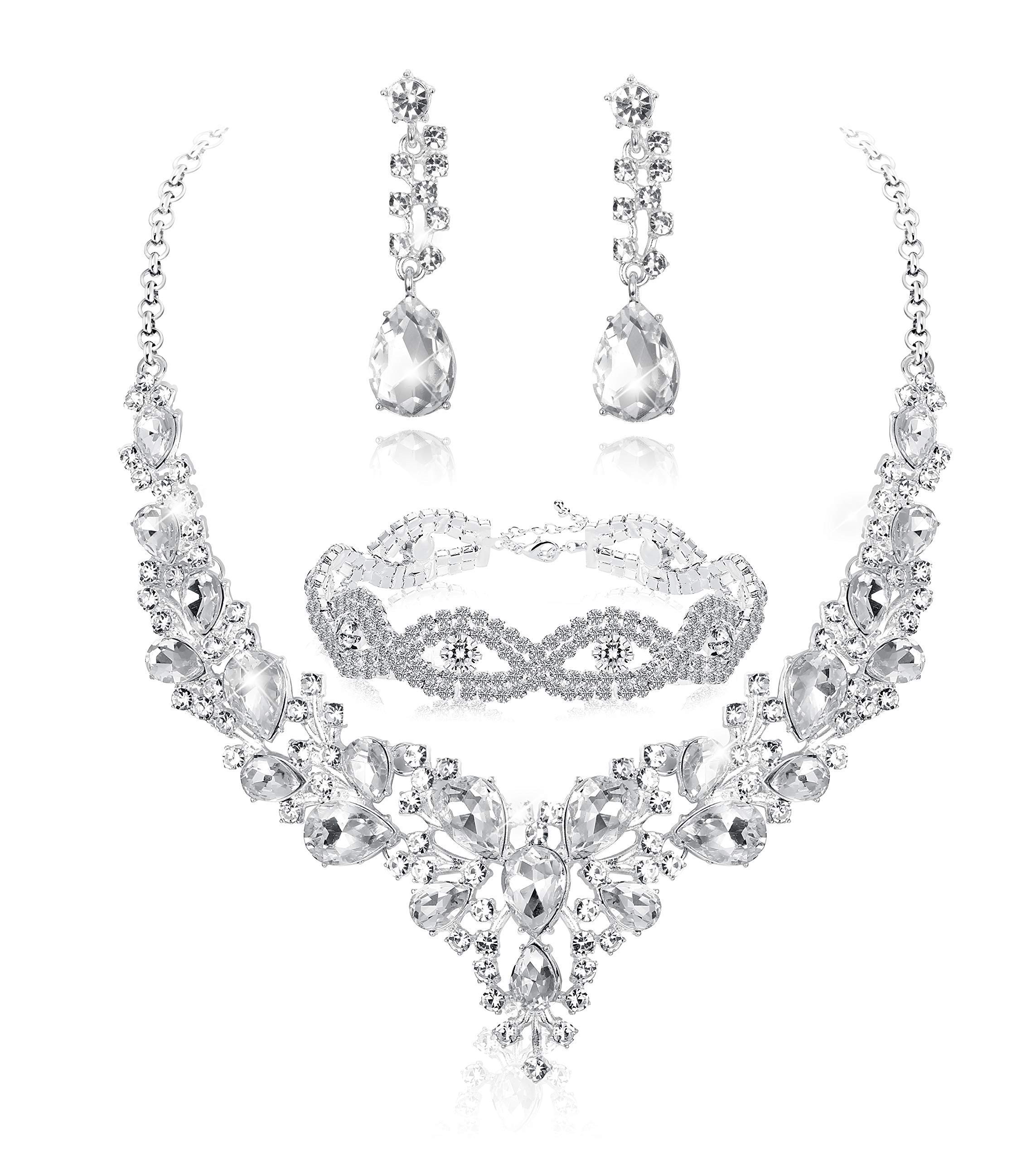 Fiasaso 3pcs Crystal Bridal Jewelry Set for Women Rhinestone Necklace Earrings Bracelet Wedding Bridesmaid Silver Tone