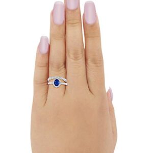 Halo 2-Piece Art Deco Wedding Engagement Bridal Set Ring Band Oval Simulated Blue Sapphire Round Cubic Zirconia 925 Sterling Silver, Size-6