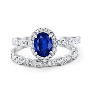 halo 2-piece art deco wedding engagement bridal set ring band oval simulated blue sapphire round cubic zirconia 925 sterling silver, size-6