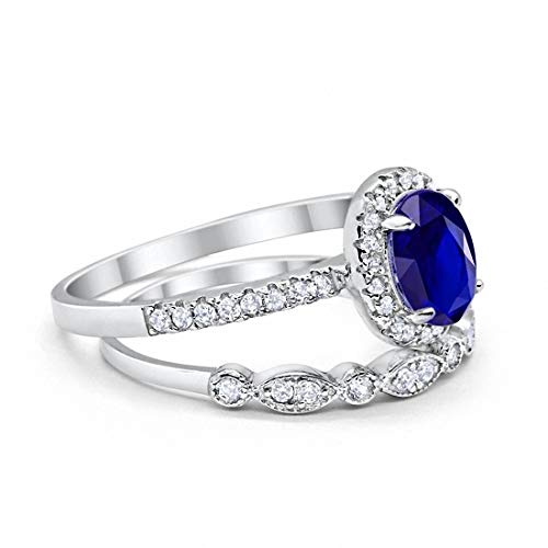 Halo 2-Piece Art Deco Wedding Engagement Bridal Set Ring Band Oval Simulated Blue Sapphire Round Cubic Zirconia 925 Sterling Silver, Size-6