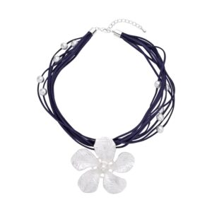 shop lc delivering joy multi strand faux leather navy platinum plated station jasmine flower layered pendant necklace for women jewelry 18-20" birthday gifts for women