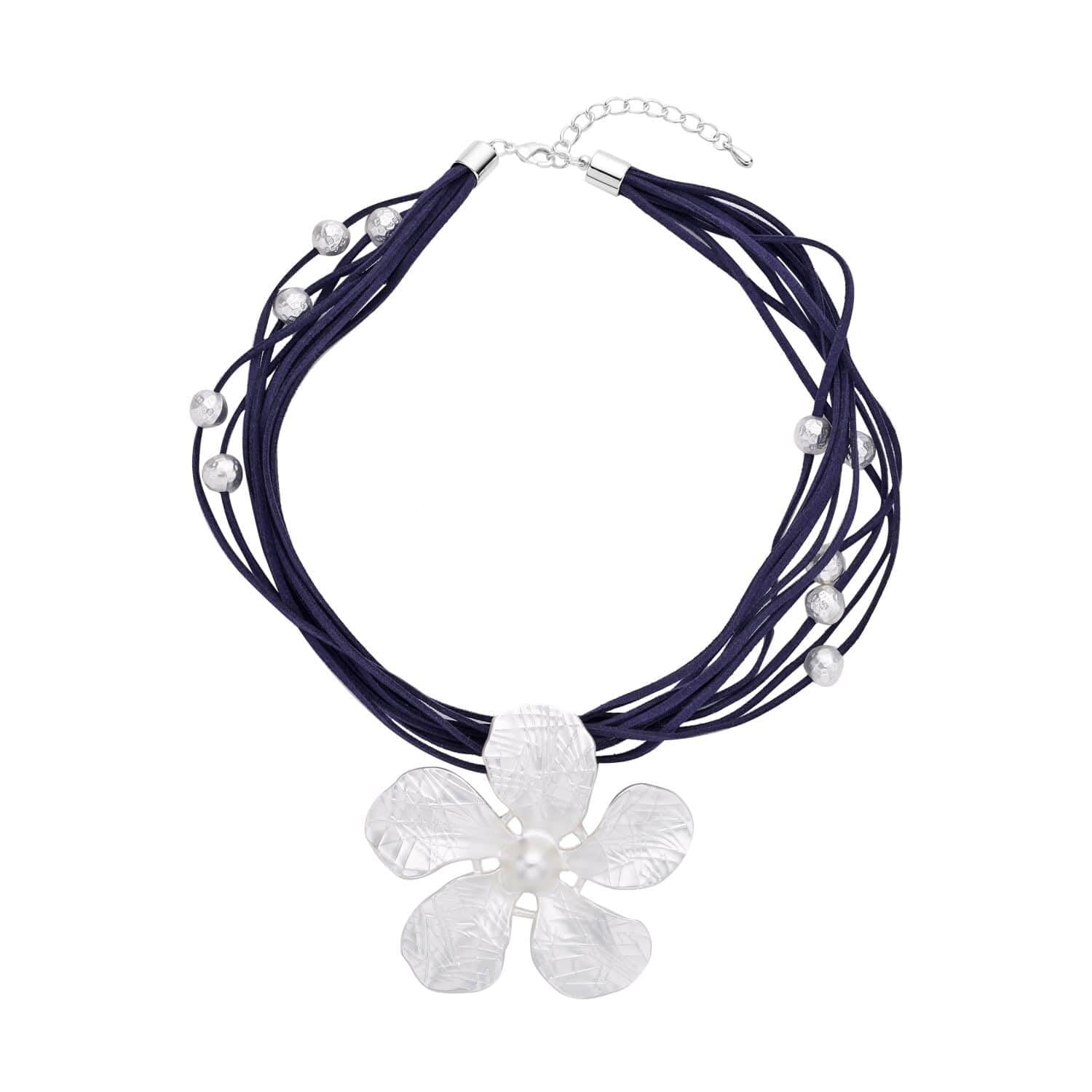 SHOP LC DELIVERING JOY Multi Strand Faux Leather Navy Platinum Plated Station Jasmine Flower Layered Pendant Necklace for Women Jewelry 18-20" Birthday Gifts for Women