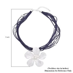 SHOP LC DELIVERING JOY Multi Strand Faux Leather Navy Platinum Plated Station Jasmine Flower Layered Pendant Necklace for Women Jewelry 18-20" Birthday Gifts for Women