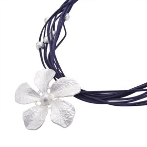 SHOP LC DELIVERING JOY Multi Strand Faux Leather Navy Platinum Plated Station Jasmine Flower Layered Pendant Necklace for Women Jewelry 18-20" Birthday Gifts for Women