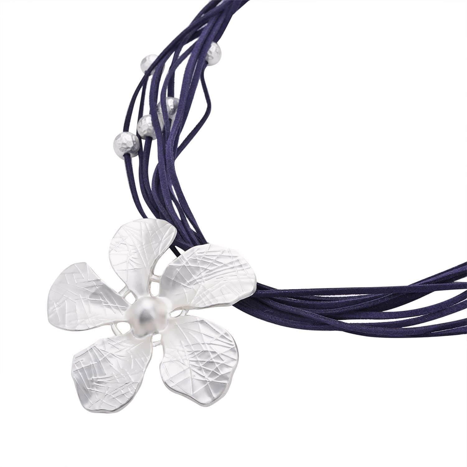 SHOP LC DELIVERING JOY Multi Strand Faux Leather Navy Platinum Plated Station Jasmine Flower Layered Pendant Necklace for Women Jewelry 18-20" Birthday Gifts for Women