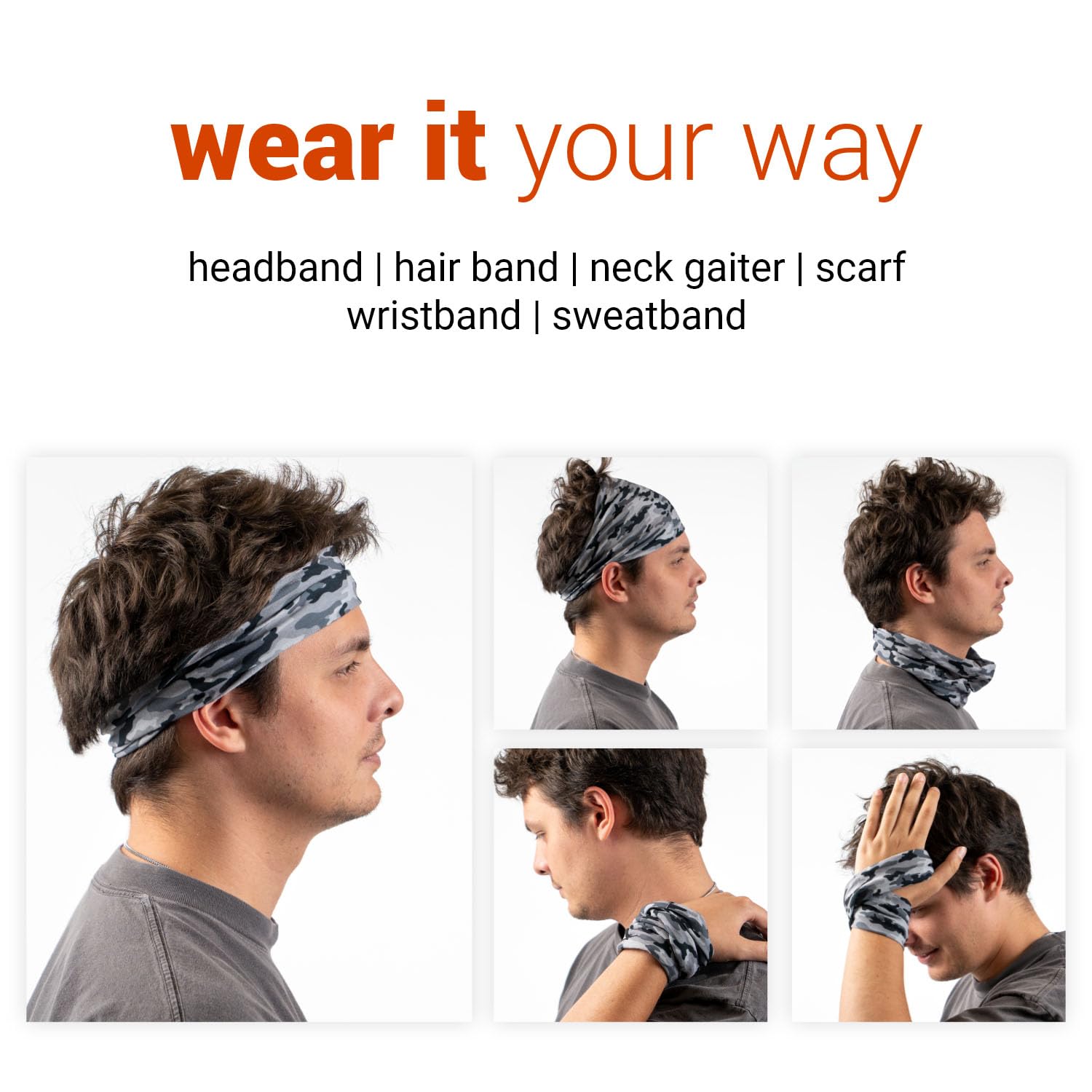 RokBAND Multi-Functional Neck Gaiter or Headband | Camouflage | Gray