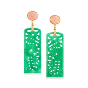 ross-simons carved green jade and pink coral drop earrings in 14kt gold over sterling