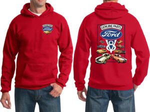 ford mustang v8 collection front and back hoodie, red large