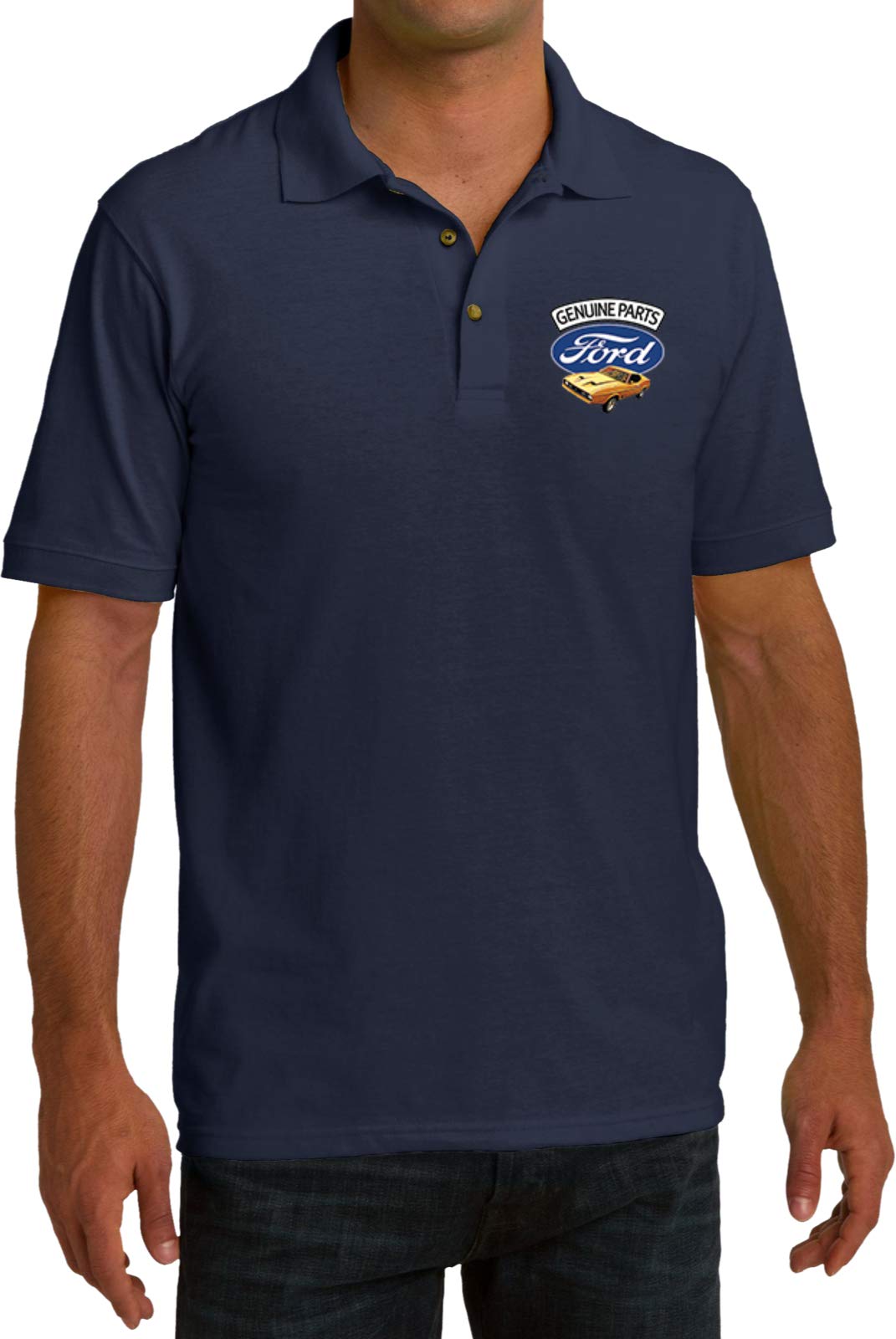 Ford Mustang Genuine Parts Pocket Print Pique Polo, Navy XL