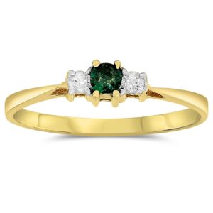 14k yellow gold green emerald gemstone & diamond 3 stone promise stackable ring may birthstone jewelry for women, anniversaries, valentines day, mothers day (emerald 0.10 ct., diamond 0.08 ct.) size 7