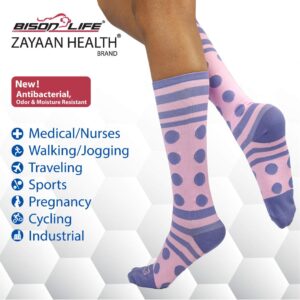 ZAYAAN HEALTH Dots & Stripes Compression Socks for Women (12-15 mm/Hg) | Circulation Socks for Muscle Recovery, Nurses, Running, Athletics, Cycling – Pink/Lilac