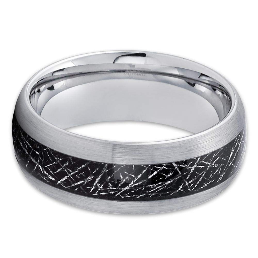 Meteorite Tungsten Wedding Band - Silver Tungsten Ring - Meteorite Ring (9.5)