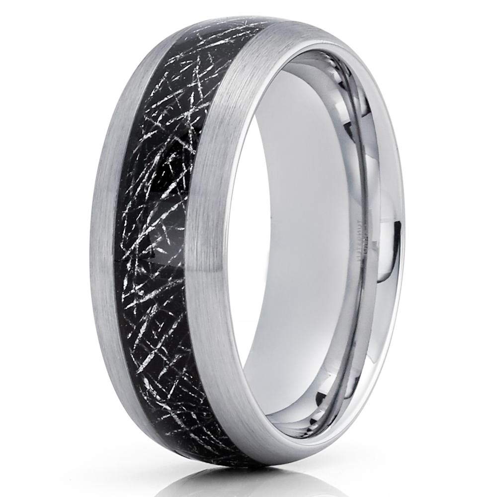 Meteorite Tungsten Wedding Band - Silver Tungsten Ring - Meteorite Ring (9.5)