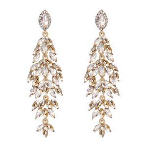 brilove women's wedding bridal crystal multi marquise-shape leaf cluster chandelier dangle earrings champagne gold-toned