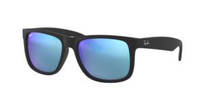 ray-ban justin non-polarized sunglasses, black rubber frame green mirror blue lenses, 55mm