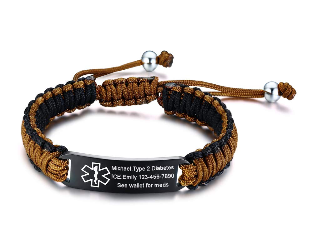 VNOX Customize Medical Alert 13MM Handmade Braided Rope Stainless Steel ID Paracord Adjustable Bracelet,Brown