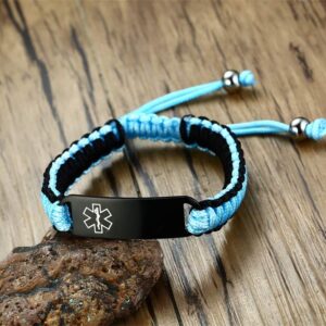 VNOX Customize Medical Alert 13MM Handmade Braided Rope Stainless Steel ID Paracord Adjustable Bracelet,Blue