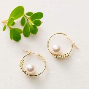 Japanese 7.0mm Akoya Cultured Pearl Hoop Earrings for Women with 18K Yellow Gold | Elegant Design Excellent Gift | Pearl Earrings hoops