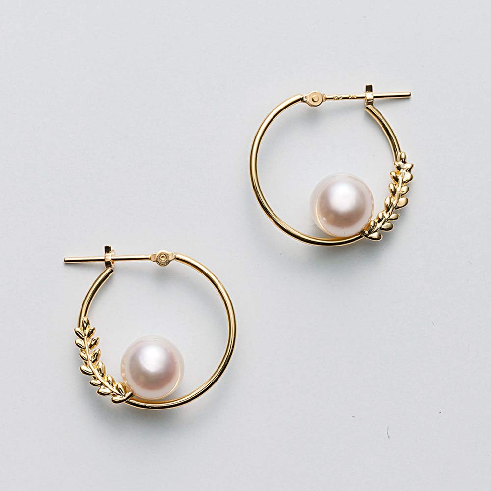 Japanese 7.0mm Akoya Cultured Pearl Hoop Earrings for Women with 18K Yellow Gold | Elegant Design Excellent Gift | Pearl Earrings hoops