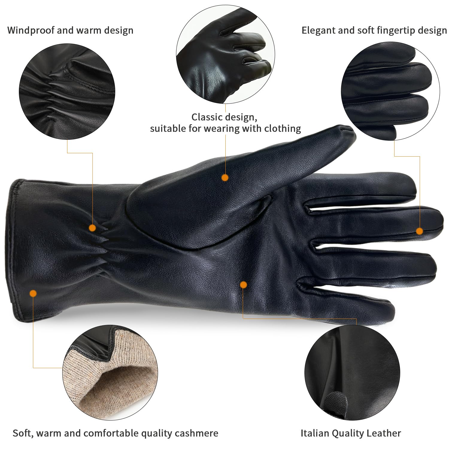 ZLUXURQ Luxury Italian Soft Leather Gloves for Women in Black - Genuine SheepSkin Leather Women’s Cold Weather Gloves Cashmere Lined