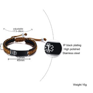 VNOX 3 Color/Set-Customize Medical Alert ID Bracelet Braided Brown Rope Paracord Adjustable Wristband