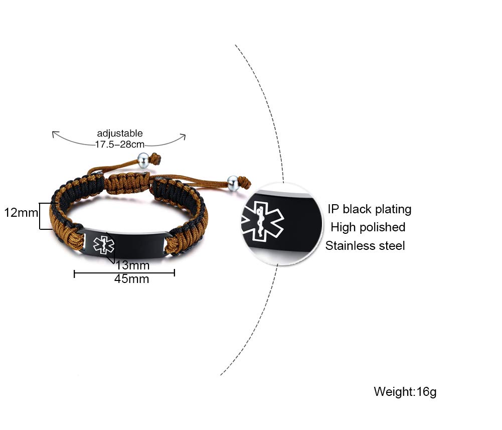 VNOX 3 Color/Set-Customize Medical Alert ID Bracelet Braided Brown Rope Paracord Adjustable Wristband