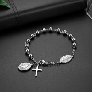 Flongo Cross Rosary Beads Bracelet Vintage Stainless Steel Jesus Christ Crucifix Cross Wristband for Men Women Christmas Wedding