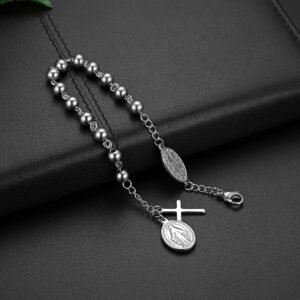 Flongo Cross Rosary Beads Bracelet Vintage Stainless Steel Jesus Christ Crucifix Cross Wristband for Men Women Christmas Wedding