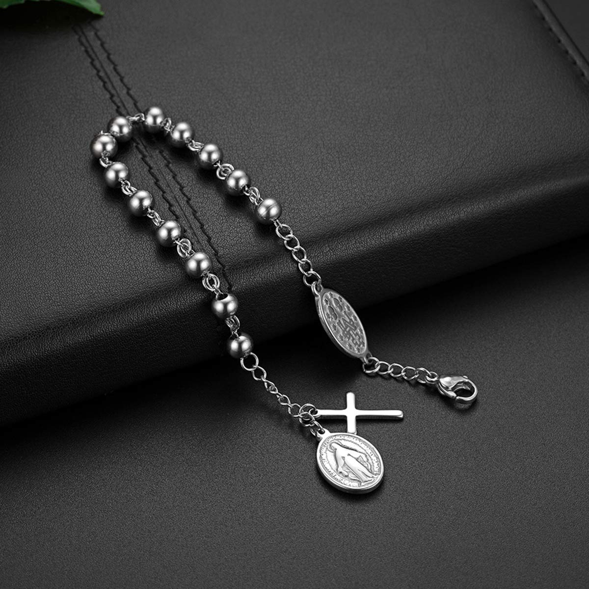 Flongo Cross Rosary Beads Bracelet Vintage Stainless Steel Jesus Christ Crucifix Cross Wristband for Men Women Christmas Wedding